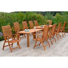 Merxx Garten-Essgruppe »Paraiba« Set, 11 Stk. tlg. 10 Klappsessel, 5-fach verstellbar, Ausziehtisch braun + braun + braun