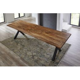 Baumkantentisch 300x100cm Teakfarben X-Gestell Schwarz LOTTI