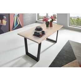 Esstisch Baumkante Massiv Akazie grau sandgestrahlt 220 x 100 schwarz Grace