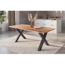Baumkantentisch Akazie natur mit schwarzen Resin-Adern 200 x 100 cm X-Gestell schwarz POLLY