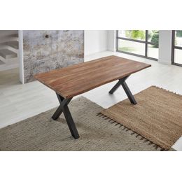 Baumkantentisch 200x100cm Teakfarben X-Gestell Schwarz LOTTI