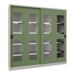 Pavoy Schiebetürenschrank, Höhe 1950 mm, Sichtfenstertüren, BxT 2000 x 500 mm, mit Trennwand und 2 x 4 Fachböden, Tür resedagrün