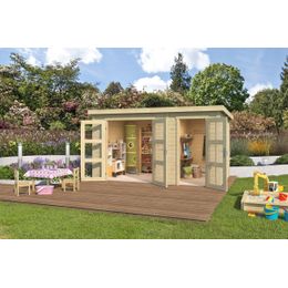 Gartenhaus Lasita Maja "Zambesi XL", beige (naturbelassen), ohne Fußboden, ohne Dacheindeckung, Holzwerkstoff, Gartenhäuser, Blochbohlenhaus 28mm 2-Raum, Fundamentmass 3800x2400, Naturbelassen
