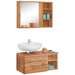 Badmöbel-Set Welltime "Davos", braun (eichefarben), Siphonausschnitt links, Holzwerkstoff, Kastenmöbel-Sets, Spiegel inklusive Beleuchtung, Regal und Waschplatz