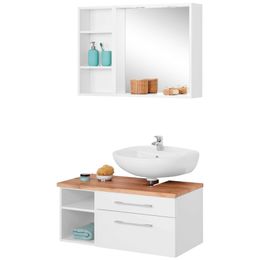 Badmöbel-Set Welltime "Davos", weiß, Siphonausschnitt rechts, Holzwerkstoff, Kastenmöbel-Sets, Spiegel inklusive Beleuchtung, Regal und Waschplatz