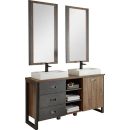 Badmöbel-Set Home Affaire "Detroit, Bad im Industrialdesign, 2-teiliges Badezimmer", gelb (eiche honigfarben dekor, schiefer, nachbildung), Kastenmöbel-Sets, Waschtisch und Spiegel, inkl. zwei Aufsatzwaschbecken aus Mineralguss
