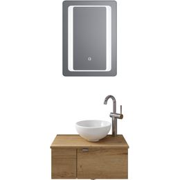 Badmöbel-Set SAPHIR "Serie 6915", braun (halifax eiche, halifax eiche), B:61cm H:200cm T:35cm, Kastenmöbel-Sets, Gäste-Bad, 61 cm breit, mit LED-Spiegel, offenem Fach und 2 Türen