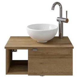 Waschtisch SAPHIR "Serie 6915 Waschschale mit Unterschrank für Gästebad, Gäste WC", braun (riviera eiche, riviera eiche, riviera eiche quer nb), B:61cm H:39,8cm T:35cm, Waschtische, 61 cm breit, 1 Tür, offenes Fach, kleine Bäder, ohne Armatur