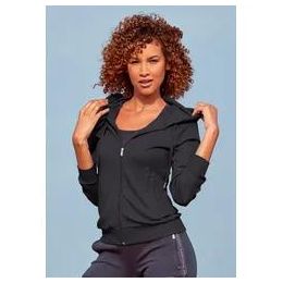 Trainingsjacke Lascana ACTIVE, Damen, Gr. XS (32/34), schwarz, Interlock, Obermaterial: 100% Baumwolle, unifarben, bequem hüftlang, Bündchen, Jacken, mit Logo Tape an den Ärmeln