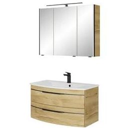 Badmöbel-Set SAPHIR "Serie 7045 2-teilig Mineralmarmor-Waschtisch mit LED-Spiegelschrank", braun (halifax eiche quer nachbildung), B:93,2cm H:200cm T:50,1cm, Spanplatte, Kastenmöbel-Sets, Badezimmer-Set 93,2 cm breit, inkl. Türdämpfer, 3 Türen, 2 Schubladen