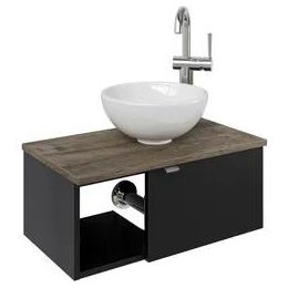 Waschtisch SAPHIR "Serie 6915 Waschschale mit Unterschrank für Gästebad, Gäste WC", schwarz (schwarz matt, eiche ribbeck, schwarz matt touch), B:61cm H:39,8cm T:35cm, Waschtische, 61 cm mit Keramik-Aufsatzbecken, 1 Tür und 1 Fach