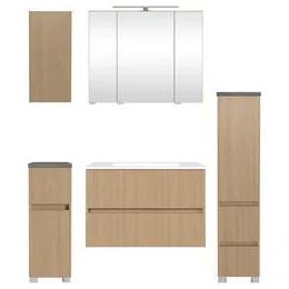 Badmöbel-Set Welltime "EIXO, 5tlg.-Set: Spiegelschrank, Waschtisch und Beimöbel", braun (eiche hell), B:140cm H:200cm T:47cm, Spanplatte, Kastenmöbel-Sets, Set 140 cm breit, Badmöbel mit LED-Beleuchtung