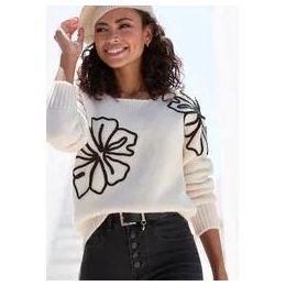 Strickpullover Lascana, Damen, Gr. 32/34, beige, Strick, Obermaterial: 83% Polyester, 7% Polyacryl, 6% Polyamid, 4% Wolle. Besatz: 100% Polyacryl, bestickt, unifarben, figurumspielend hüftlang, tiefer Rundhals, Rippbündchen, Pullover, mit Blumen-Applikation, Winterpullover, modisch