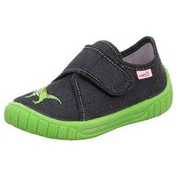 Hausschuh Superfit "BILL WMS: mittel", Kinder, Gr. 23, jeansschwarz, grün, dino, Textil, bestickt, Schuhe, Kindergartenschuh mit Klettverschluss, Größenschablone zum Download