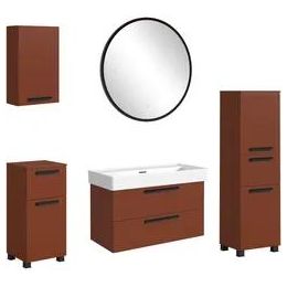 Badmöbel-Set Welltime "SALVADA, 5tlg-Set, gedämpfte Scharniere, Softclose, Keramikbecken", rot, B:180cm H:200cm T:47,5cm, MDF, Kastenmöbel-Sets, Rot, Keramikbecken 1 od. 2 Armaturlochbohrungen