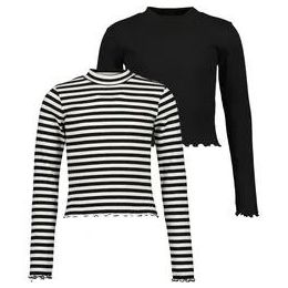 Langarmshirt Blue Seven, Mädchen, Gr. 152 (158), schwarz (schwarz, weiß), Single Jersey, Obermaterial: 95% Baumwolle, 5% Elasthan, geringelt, gestreift, unifarben, regular fit taillenlang, hoch geschlossener Ausschnitt, gewellter Abschluss, Shirts, cropped und mit süßer Wellenkante am Ärmel und am Saum