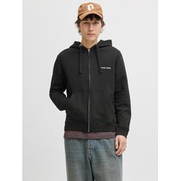 Jack & Jones Kapuzensweatshirt JACK & JONES "JORNORREBRO EMB SWEAT ZIP HOOD NOOS", Herren, Gr. L, schwarz, angeraute Sweatware, Obermaterial: 89% Baumwolle, 11% Polyester, unifarben, relaxed fit normal, Rundhals, Rippb&uuml;ndchen, Sweatshirts Kapuzensweatshirt, mit Stickerei