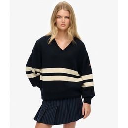 Superdry Damen OverGr&ouml;&szlig;ed Gestreifter V-ausschnitt Pullover Navy - Gr&ouml;&szlig;e: 34 2103227500687JKE028