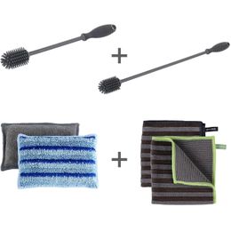 Reinigungstücher Wenko "Universal, Spül-Set", bunt (spülschwämme: blau, grau, mikrofasertücher: grau, schwarz, spülbürsten: grau), H:380mm Ø:3,5cm, gewebt, Mikrofaser, Putztücher, mit Spülbürsten aus Silikon