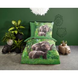 Kinderbettw&auml;sche Good Morning "Elephants", gr&uuml;n, B/L: 135cm x 200cm, 1 Stk., 1 Stk., Renforc&eacute;, B/L: 80cm x 80cm, 2 Stk., Renforc&eacute;, Obermaterial: 100% Baumwolle, Bettw&auml;sche, Baumwolle, 135x200, Rei&szlig;verschluss, Wendeoptik, Kind, Elefant, Gr&uuml;n