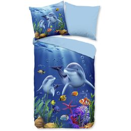 Kinderbettwäsche "Mare", blau, B/L: 135cm x 200cm, 1 Stk., 1 Stk., Microfaser, B/L: 80cm x 80cm, 2 Stk., Microfaser, Obermaterial: 100% Polyester, PURE LUXURY COLLECTION, Bettwäsche, Mikrofaser, 135x200, Pflegeleicht, Wendeoptik, Kind, Delfin Meer, Blau