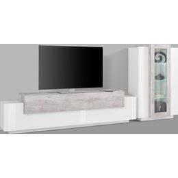 Wohnwand Inosign "Coro, Anbauwand, Medienwand", weiß (weiß hochglanz, beton), Glas, Holzwerkstoff, Kastenmöbel-Sets, Lowboard 4 Fächern Breite 200 und Vitrine 3 Türen Breite 80