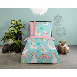 Kinderbettwäsche Good Morning "Lamalife", blau (aquablau), B/L: 135cm x 200cm, 1 Stk., 1 Stk., Renforcé, B/L: 80cm x 80cm, 2 Stk., Renforcé, Obermaterial: 100% Baumwolle, Bettwäsche, Baumwolle, 135x200, Reißverschluss, Wendeoptik, Kind, Mädchen, Lama