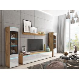 Wohnwand Inosign "VERA II", weiß (votaneichefarben, weiß hochglanz), B:260cm H:130cm T:33cm, Kastenmöbel-Sets, Vitrine mit Verglasung, stehend und hängend, inklusive Beleuchtung, Topseller