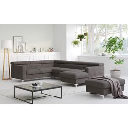 Wohnlandschaft COTTA "Sammy U-Form", grau (stone), B:304cm H:74cm T:240cm, NaturLEDER, die R&uuml;ckseite ist mit schwarzem und die Liegefl&auml;che der Bettfunktion ist mit beigem Spannstoff bezogen, Sofas, Wohnlandschaft, mit Kopfteilverstellung, wahlweise mit Bettfunktion & Bettkasten