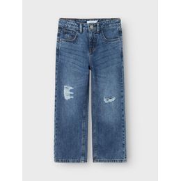 5-Pocket-Jeans name it "NKFROSE für Mädchen mit Destroyed-Effekt und hohem Bund", Mädchen, Gr. 140, N-Gr, blau (dunkelblau denim), Denim/Jeans, Obermaterial: 79% Baumwolle, 21% Polyester, Destroyed-Effekte, normal knöchellang, Jeans, normal, Denim, Abriebeffekte, Reißverschluss