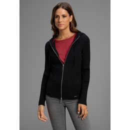 Kapuzenstrickjacke Laura Scott, Damen, Gr. 32/34, schwarz, Rippstrick, Obermaterial: 70% Baumwolle, 30% Polyamid, unifarben, figurbetont hüftlang, Strickjacken, mit 2-Wege-Reißverschluss aus Rippe - NEUE KOLLEKTION