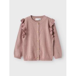Strickjacke name it "NMFABINNE LS KNIT CARD NOOS", Mädchen, Gr. 104, rosa (deauville mauve), Strick, Obermaterial: 74% Baumwolle, 18% Polyester, 8% metallisierte Fasern, unifarben, normal normal, Rundhals, Strickbündchen, Strickjacken, mit süßer Rüsche an den Schultern