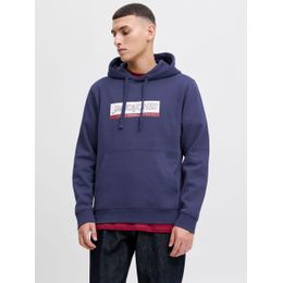 Jack & Jones Kapuzensweatshirt JACK & JONES "JORINWOOD BLOCK BRANDING SWEAT HOOD", Herren, Gr. L, ocean cavern, angeraute Sweatware, Obermaterial: 70% Baumwolle, 30% Polyester, bedruckt, regular fit normal, Rippb&uuml;ndchen, Sweatshirts