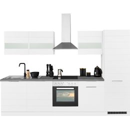 Küchenzeile KOCHSTATION "KS-Luhe", weiß (küche: weiß, front: weiß matt, korpus: weiß, arbeitsplatte: betongrau), B:300cm T:60cm, Komplettküchen-Sets, Küchenzeile, 300 cm breit, wahlweise mit oder ohne E-Geräten, gefräste MDF-Fronten