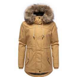 Winterjacke Ragwear "Tawny Short YOUMODO", Damen, Gr. 4XL (48), camelfarben, Außenmaterial: 65% Polyester, 35% Baumwolle, Innenfutter: 100% Polyester, Wattierung: 100% Polyester, tailliert hüftbedeckend, mit Knopf Rippstrickbündchen, Jacken, Warme Jacke mit großer Kapuze und Kunstfellkragen