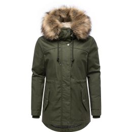 Winterjacke Ragwear "Tawny Short YOUMODO", Damen, Gr. 5XL (50), olivgrün, Außenmaterial: 65% Polyester, 35% Baumwolle, Innenfutter: 100% Polyester, Wattierung: 100% Polyester, tailliert hüftbedeckend, mit Knopf Rippstrickbündchen, Jacken, Warme Jacke mit großer Kapuze und Kunstfellkragen