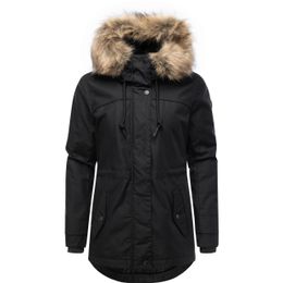 Winterjacke Ragwear "Tawny Short YOUMODO", Damen, Gr. 4XL (48), schwarz, Außenmaterial: 65% Polyester, 35% Baumwolle, Innenfutter: 100% Polyester, Wattierung: 100% Polyester, tailliert hüftbedeckend, mit Knopf Rippstrickbündchen, Jacken, Warme Jacke mit großer Kapuze und Kunstfellkragen
