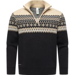 Norwegerpullover Ragwear "Norwaian", Herren, Gr. L (52), schwarz, Strick, Material: 60% Baumwolle; 40% Acryl, Basic, gerade hüftlang, hoch geschlossener Ausschnitt, eng Rippstrickbündchen, Pullover, Norweger Herren Strickpullover Troyer mit Reißverschluss