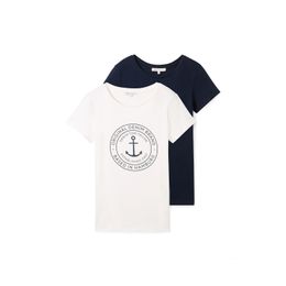 T-Shirt Tom Tailor Denim, Damen, Gr. L (40), blau (sky captain blau), Jersey, Obermaterial: 100% Baumwolle, bedruckt, tailliert taillenbedeckt, Rundhals, Shirts, Doppelpack mit Logo-Print