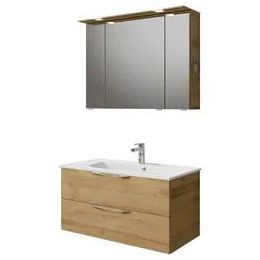 Badmöbel-Set SAPHIR "Serie 6025 2-teilig Mineralmarmor-Waschtisch mit LED-Spiegelschrank", braun (riviera eiche quer nb), B:97cm H:200cm T:48cm, Spanplatte, Kastenmöbel-Sets, Waschplatz 97 cm breit, 2 Schubladen, 3 Spiegel-Türen, inkl Türdämpfer