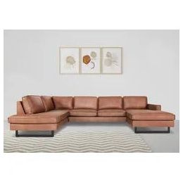 Wohnlandschaft Places of Style "Pinto, 350 cm, U-Form, XXL, mit Ottomanen", braun (cognac), B:350cm H:85cm T:206cm, Luxus-Microfaser in Lederoptik (100% Polyester);Cord (92% Polyester, 8% Polyamide), Sofas, Cord, Chenille, Lederoptik, mit Keder, Metallfüße, Wellenunterfederung