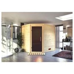 Sauna Karibu "Mia (Fronteinstieg)", beige (naturbelassen), (ohne Ofen), Saunen, inklusive Ofenschutzgitter und Tür