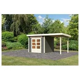 Gartenhaus Karibu ""Ammersee 3" SET mit Anbaudach 2,35m Breite", grau (terragrau), Holzwerkstoff, Gartenhäuser, naturbelassen oder terragrau