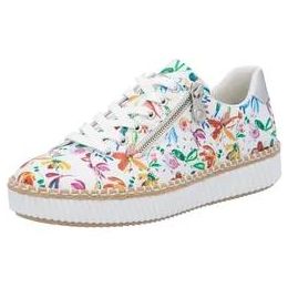 Plateausneaker Rieker, Damen, Gr. 39, bunt (weiß multi), Lederimitat, geblümt, Schuhe, Schnürschuh, Halbschuh, Sneaker mit seitlichem Reißverschluss