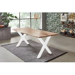 Esstisch Baumkante Akazie naturfarben 280 x 100 cm X-Gestell weiß FREDERIK