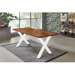 Esstisch Baumkante Akazie nussbaumfarben 280 x 100 cm X-Gestell weiß FREDERIK