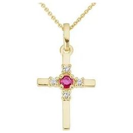 Kettenanhänger Firetti "Schmuck Geschenk Gold 333 Halsschmuck Anhänger Kreuz", gold (gelbgoldfarben, rot, rot), Schmuckanhänger, Damen, 0,03 P2 = erkennbare Einschlüsse, Diamanten Gelbgold 333, 0,57 g, Diamanten, Gelbgold 333, mit Brillanten - mit Rubin