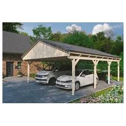 Skan Holz Doppelcarport SKANHOLZ "Fichtelberg", beige (natur), B/H/T: 574cm x, Carports, mit Dachlattung