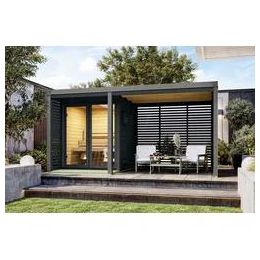 Saunahaus Karibu ""Adrian 1" anthrazit-graualuminium", anthrazit, Saunaofen, externe Steuerung, 400 kW, Saunen, Wände aus nordischer Fichte, Stahlecken und Stahl-Dachabschluss
