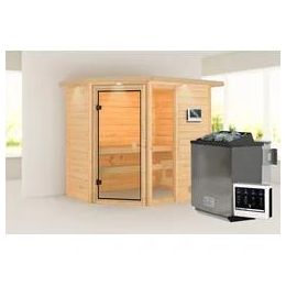 Sauna Karibu ""Josie" mit bronzierter Tür und Kranz, naturbelassen", naturbelassen, Bio-Kombiofen, externe Steuerung, 400 kW, Saunen, aus hochwertiger nordischer Fichte